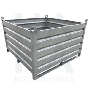 Stacking box with slides is electrostatically painted.